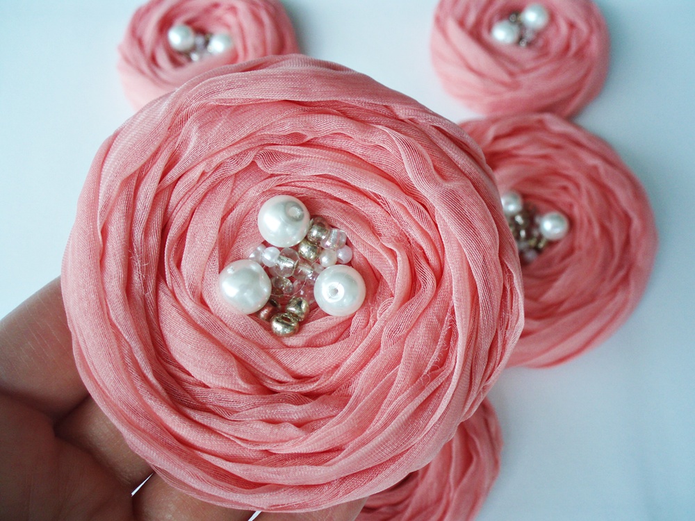 Peachy Pink Fabric Roses Handmade Appliques Embellishments(5 Pcs) on Luulla
